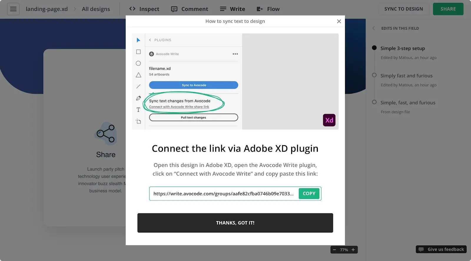Rewrite design copy with Avocode Write for Adobe XD